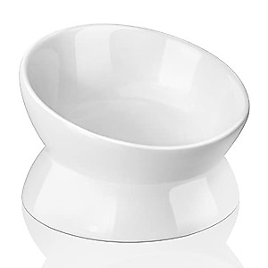 Nucookery Ceramic Cat Food Bowl Elevated,Raised Tilted Bowl Protect Pets' spines and Neck, Anti Vomiting Cat Bowl, Small Dog cat Kitten Supplies (5“, Pure White)