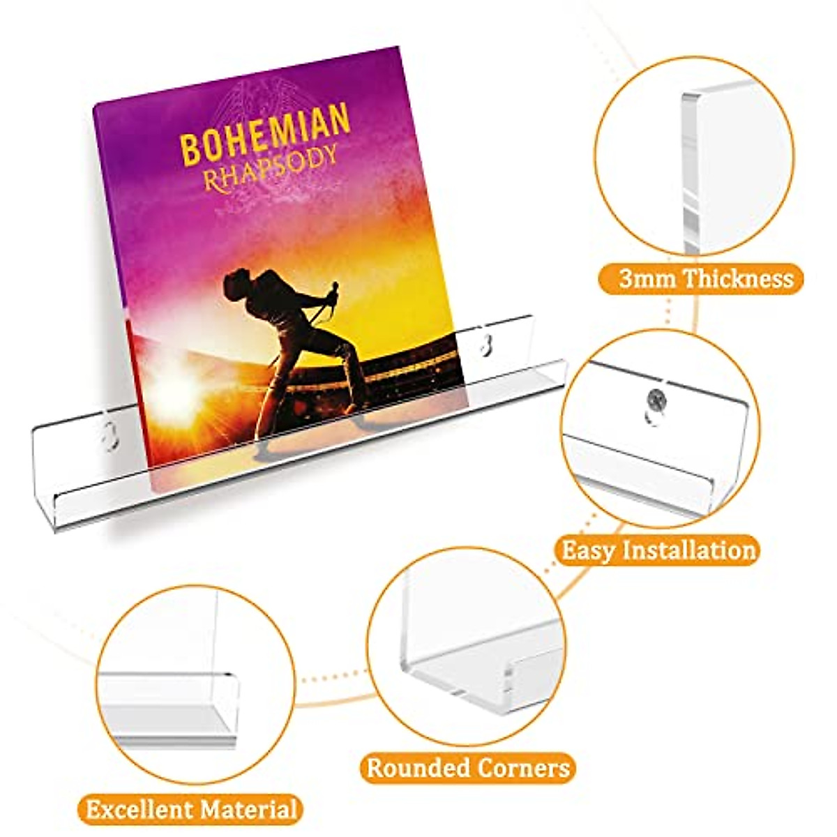 6 Pack Vinyl Record Display Shelf with Record Outer Sleeves, LASZOLA 3 Size Acrylic Record Wall Mount Holder Display Rack Clear Floating Shelves with Album Protector Sleeves - 7inch, 12inch, 15inch