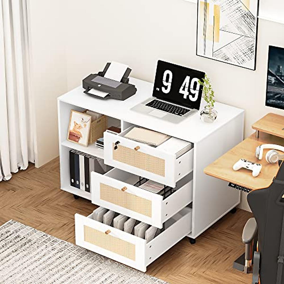 AWQM Wood Filing Cabinet with Lock,3 Drawers Office Storage Cabinet Printer Stand with Open Storage Shelves,Rattan Mobile File Cabinet for Home Office,White