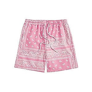 SOLY HUX Men's Cartoon Print Elastic High Waisted Casual Summer Shorts Pink and White M