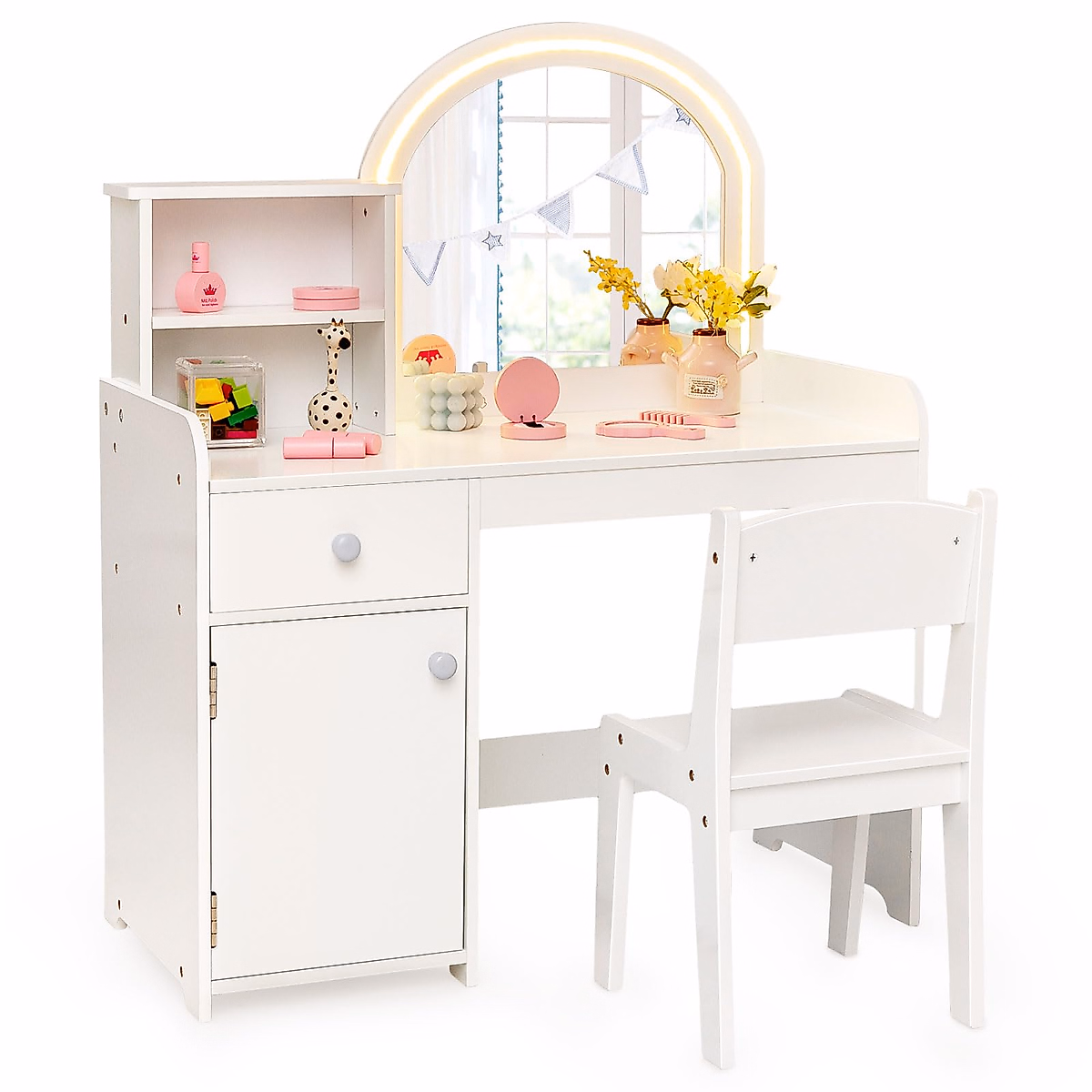 INFANS Kids Vanity, Princess Makeup Desk and Chair Set with Lights Mirror Drawer Storage Shelves, Wooden Dressing Table, Pretend Play Vanity Set for Toddler Girls