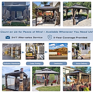 Domi 10' X 14' Hardtop Gazebo, Aluminum Metal Gazebo with Galvanized Steel Double Roof Canopy, Curtain and Netting, Permanent Gazebo Pavilion for Party, Wedding, Outdoor Dining, Brown