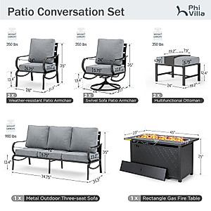 PHI VILLA 8 PCS Patio Furniture Set with Fire Pit Table,Metal Outdoor Furniture with 1 x 3-Seat Bench Sofa, 2 x Swivel Sofa Chairs, 2 x Leg Chair & 2 x Ottoman, Modern Patio Set, Grey