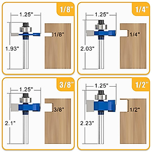 MEIGGTOOL 4Pcs Rabbet Router Bit 1/4" Shank with 6 Bearings Set - 1/16", 1/8", 3/16", 1/4", 5/16", 3/8". Interchangeable Bearings with 1/2" to 1/4" Router Collett