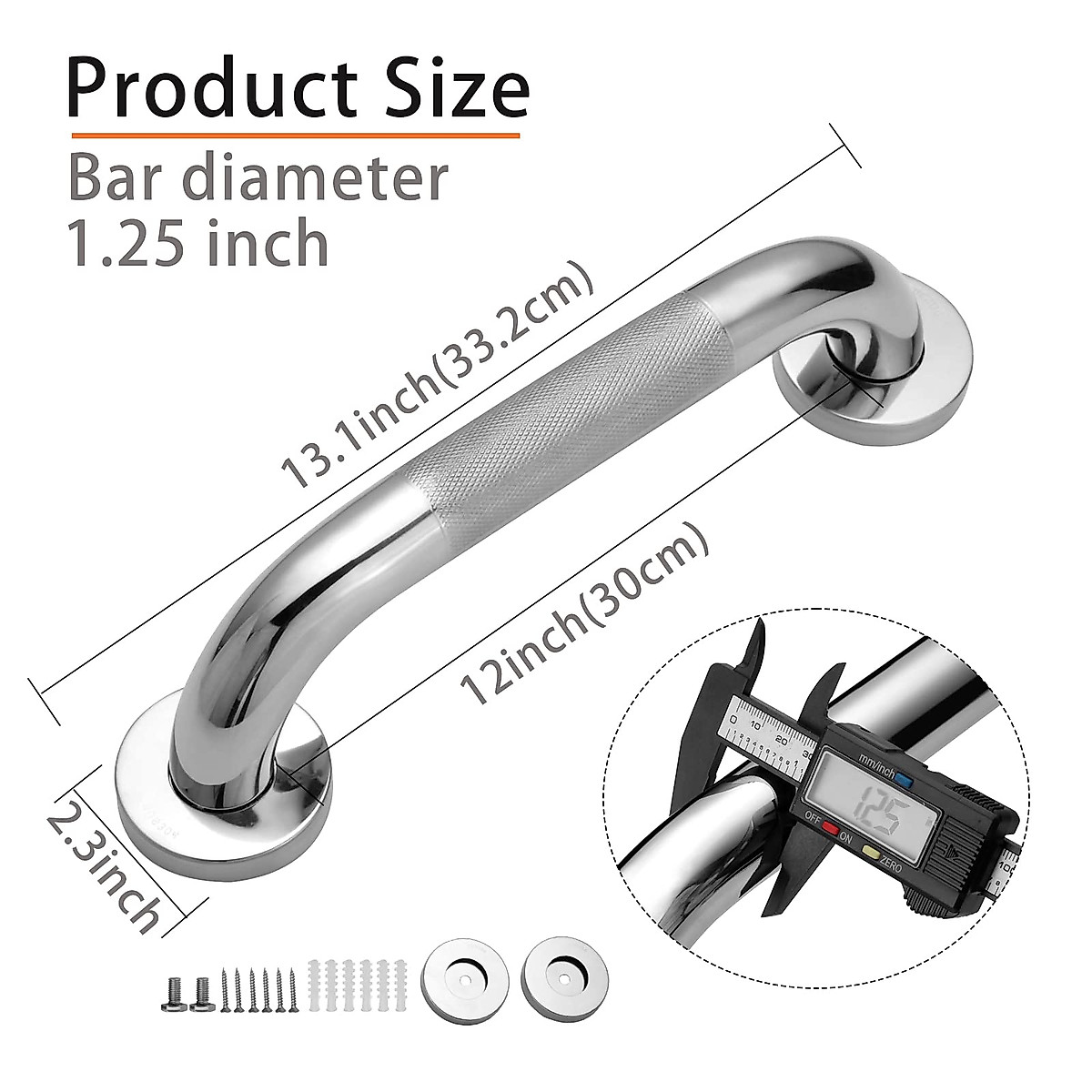 Rockgoya Shower Grab Bar, 2 Pack 12 Inch Bathroom Grab Bar, 304 Stainless Steel 1.25" Diameter Anti-Slip Handicap Grab Bar Support Shower Rail Senior Handrail Shower Safety Bar Handle