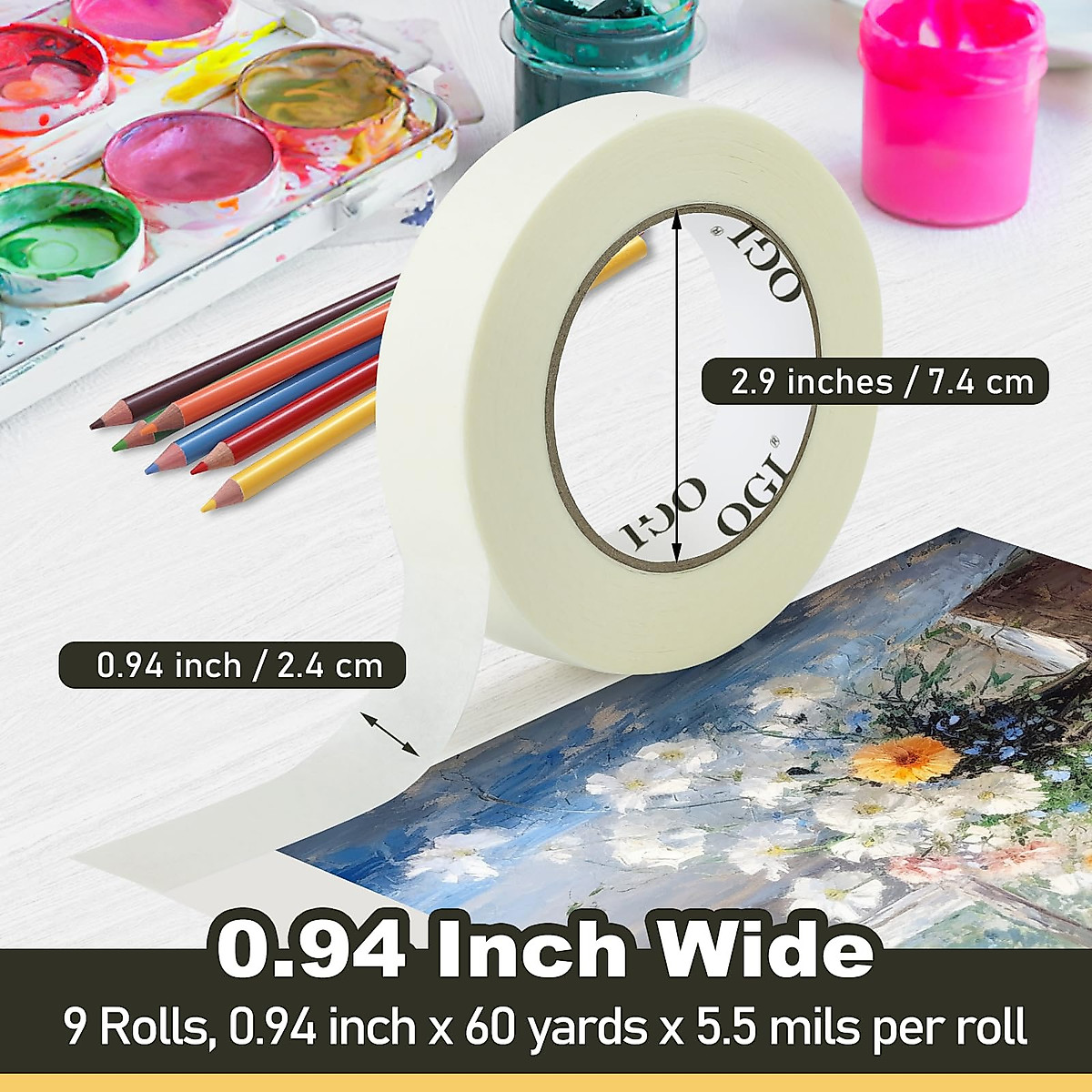 OGI Masking Tape 0.94 Inch Wide, Beige White Painters Tape Thin Masking Tape Bulk Removable General Purpose Masking Tape for Labeling Painting Drafting Art Craft, 0.94 Inch x 60 Yards, 9 Rolls