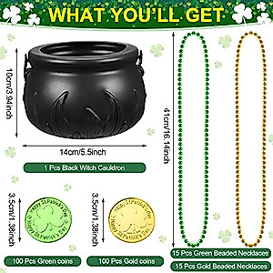 231 Pieces St. Patrick's Day Cauldron Set, Includes Black Leprechaun Cauldron with Handle 200 Shamrock Plastic Coins 30 Green and Gold Beaded Necklaces for St. Patrick's Day Party Decoration Supplies