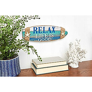 Beachcombers Relax Life is Good Surfboard Shape Coastal Plaque Wall Sign with Starfish Wall Hanging Decor Decoration for The Beach Blue