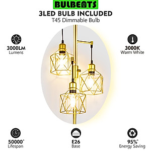 Decorative Gold Floor Lamp,3-Light Farmhouse Floor Lamps for Living Room with Smooth Dimmable ( Adjust Brightness Nightlight ), Modern Style Standing Tall Lamp of Diamond Cage - Bulb Included