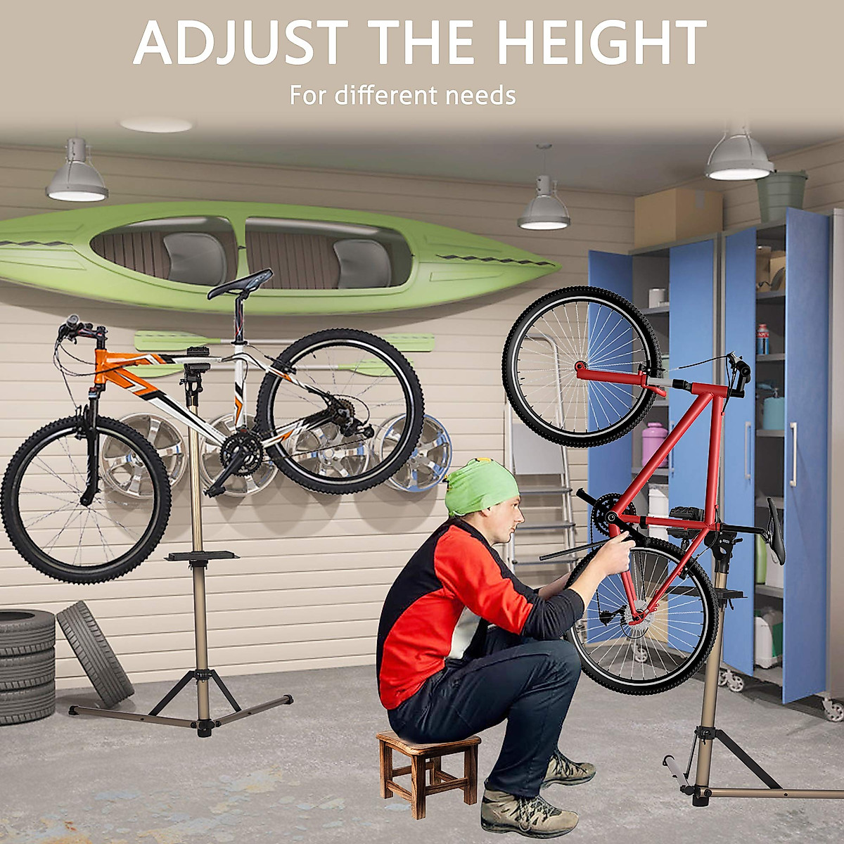 LONABR Adjustable Bike Repair Stand Foldable Bicycle Mechanics Stand Portable Bike Workstand for Home or Professional Team Use with Plate Tools Holder Support 60LBS