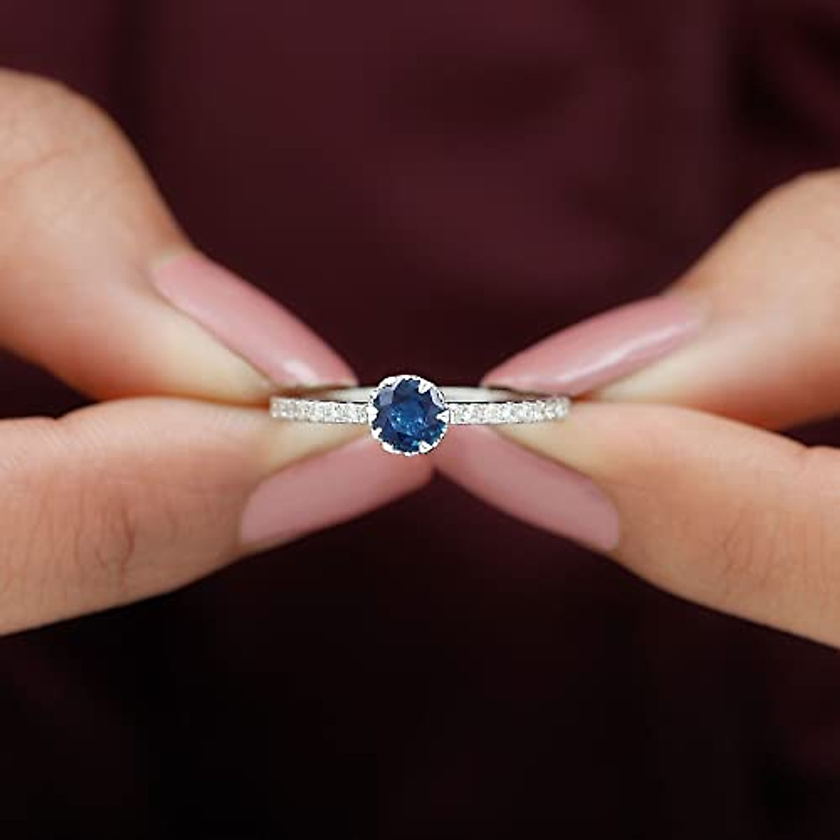 Rosec Jewels Certified Natural Blue Sapphire Solitaire Ring with HI-SI Diamond, 5 MM Round, AAA Quality, September Birthstone Ring, 14K White Gold, Size:US 8.00