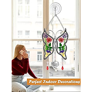 KY&BOSAM Butterfly Suncatcher Stained Glass Hangings for Windows My Precious Sister Sun Catcher Pressed Real Flower Wing in Glass Dream Catchers Birthday Mother`s Day Wind Chimes Charm