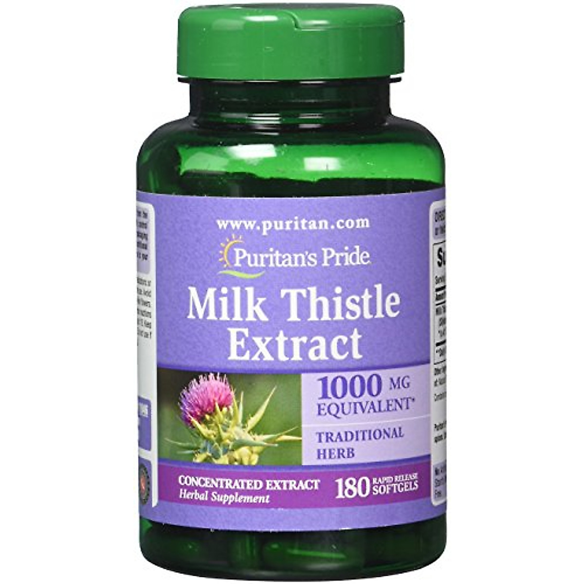 Puritan's Pride Milk Thistle 4:1 Extract 1000 Mg Softgels (Silymarin), 180 Count (Pack of 2)