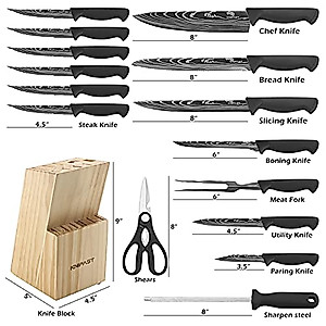 KNIFAST Kitchen Block Knife Set 16 Pieces With Boning Knife and Carving Fork, Manual Sharpening for Chef Knife Set Ultra Sharp