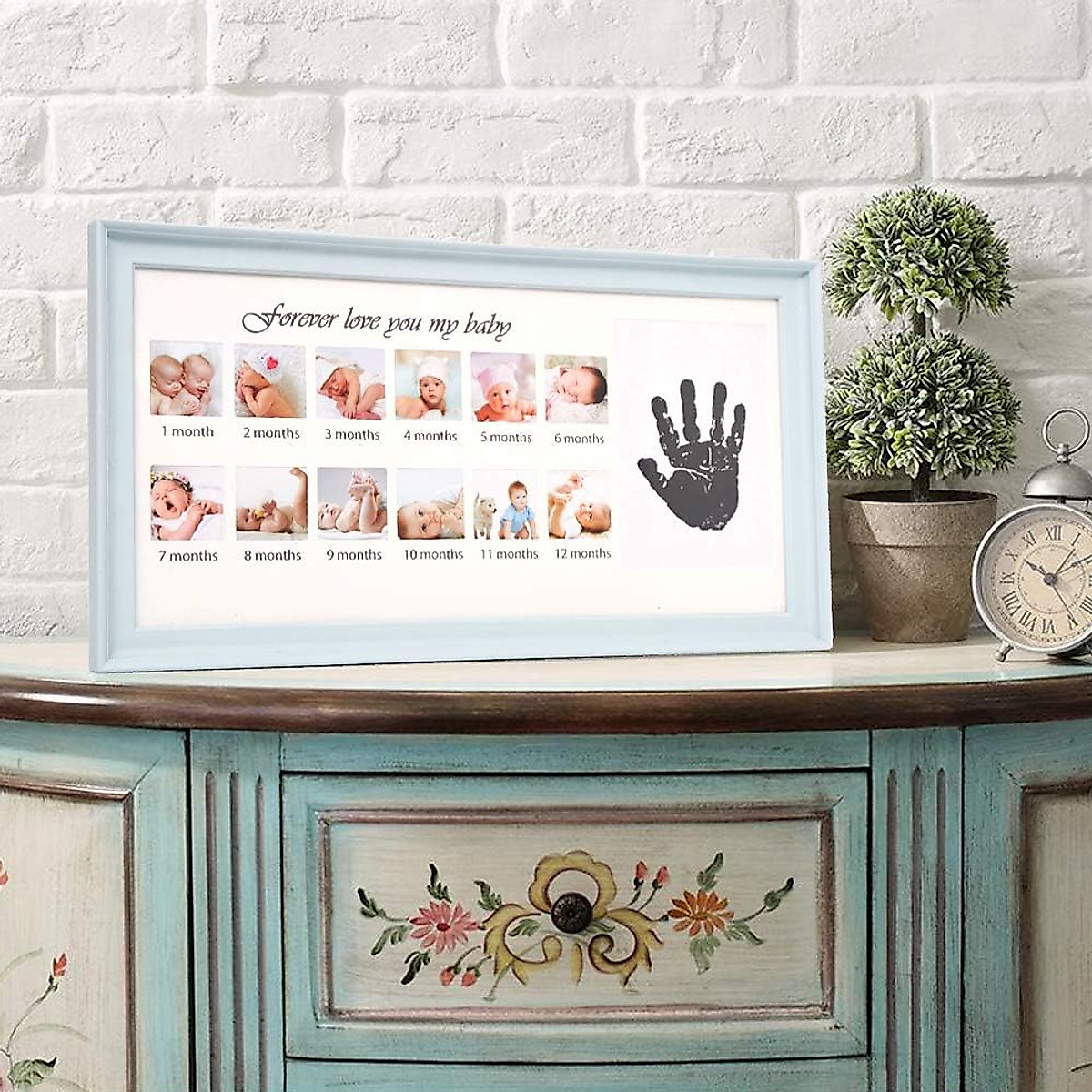 Dporticus Baby Handprint Kit & Footprint Photo Frame for Newborn Girls and Boys, 12 Photo Moments Frame Baby Shower Gifts Set Memorable Keepsake Box Decorations for Room Wall Non Toxic INK (Blue)