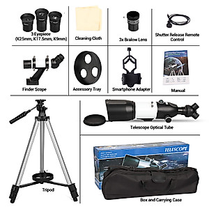 Telescopes for Adults Astronomy, 80mm Large Aperture for Astronomy Beginners, Adults 3 Rotatable Eyepieces Refractor Telescope 400mm/80mm with Tripod, Phone Adapter
