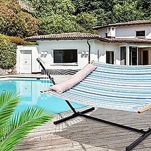 Double Hammock Swing Quilted Fabric, Ohuhu 2 Person 11 FT Portable Hammocks with Folding Bamboo Spreader Bar & Pillow, Large Hammock Bed for Indoor Outdoor, Tree Hammock for Yard Porch Garden Balcony