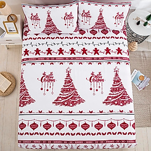 Xruibed 4 Pieces Sheet Set King Christmas Trees Gingerbread Man Sheet Set Xmas Deers Flat Sheet with Fitted Sheet 2 Pillow Cases Deep Pockets Christmas Bedding Sheet Set for Kid Teen Adult