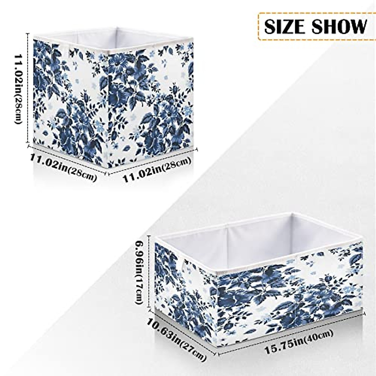 Kigai Navy Blue Flower Storage Baskets, 16x11x7 in Collapsible Fabric Storage Bins Organizer Rectangular Storage Box for Shelves, Closets, Laundry, Nursery, Home Decor