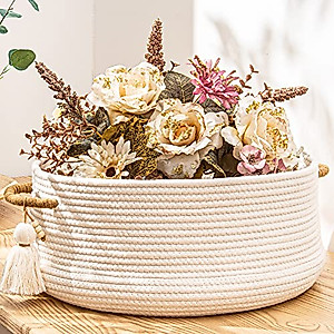 KAKAMAY Woven Baskets for Storage(16"x8"),Blanket Basket for Organizing Living Room,Cotton Rope Basket Woven Baby Laundry Hamper,Collapsible Laundry Room Organization,Clothes,Toy Chest(White)