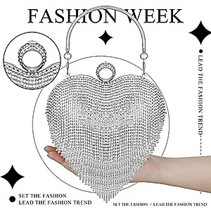 Amylove Heart Shape Tassel Evening Clutch Bag Silver Masquerade Tassel Mask Chain for Women Rhinestone Purse Face Jewelry for Wedding Party Cosplay