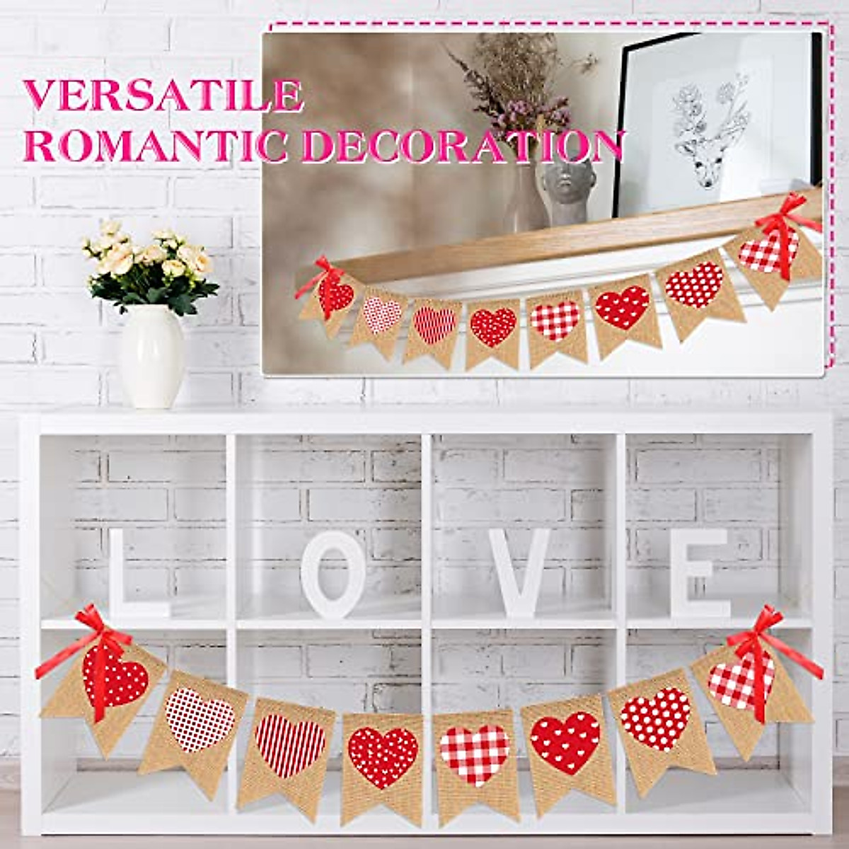 Valentine's Day Banners Valentine Burlap Banner Heart Burlap Banner Heart Banner Garland Valentines Day Decorations with Bows for Wedding Anniversary Birthday Party Decorations Supplies