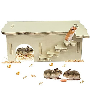 kathson Hamster Hideouts with Ladder,Hamsters Wooden House,Detachable Guinea Pigs Hut Chinchillas Habitats Cage Accessories for Gerbil Hedgehogs Bunny(L)