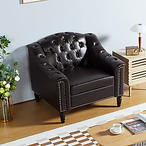 LEVNARY Chesterfield Chair Leather, Upholstered Sofa Chair with High Back, Mid-Century Modern Armchair with Solid Wood Legs, Single Couches for Living Room (Brown)