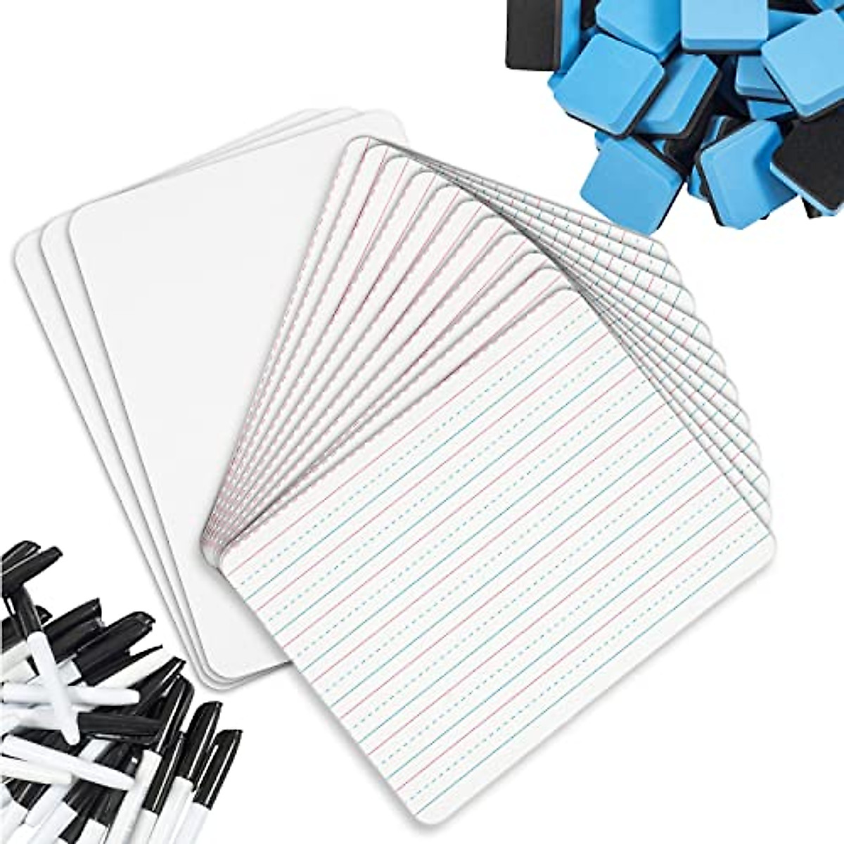 Double Sided Dry Erase Small White Board with Lines (12 Boards + 15 Pens/Erasers) - 9x12 Inch Dry Erase Board for Kids Lapboard, Mini Whiteboard, Small White Board Dry Erase for Students & Classroom