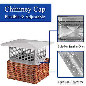 Flieeya Chimney Cap, Stainless Steel Chimney Cap, 17" x 29" Bolt On Single Flue Chimney Cover 304 Stainless Steel Fireplace Chimney Cover Adjustable for Outdoor Masonry Chimney