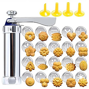 Cookie Press, Stainless Steel Churro Maker Machine Biscuit Press Cookie Gun Set with 20 Decorative Molds and 4 Nozzles for DIY Biscuit Maker 8.27 x 6.10in Cookie Press Machine Cookie Press Gun