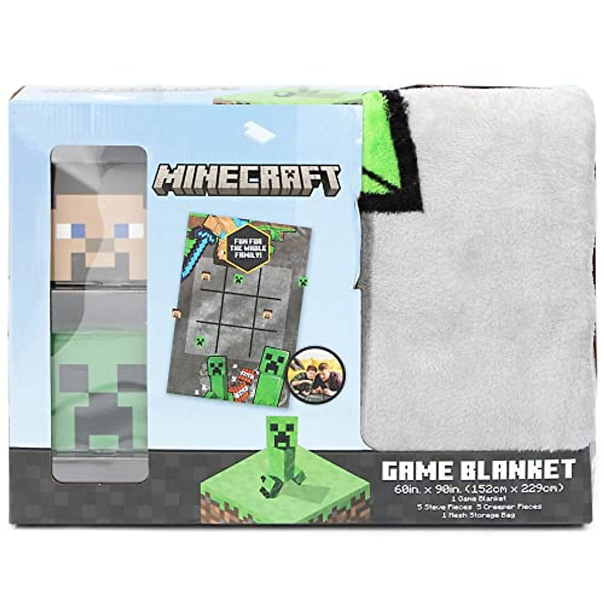 Minecraft Tic Tac Toe Game Blanket - 3 Piece Set Includes Plush Blanket, 10 Pieces, & Storage Bag (Official Minecraft Product)