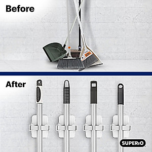 Superio Mop and Broom Holder, Set of 4 Single Piece Hooks, White Plastic Wall Mount Cleaning Storage Tool Organizer, Heavy-Duty Hook for Kitchen, Closet Garage, and Office