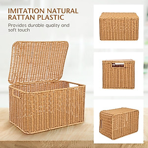 ABOOFAN Wicker Storage Basket with Lid Woven Rattan Seagrass Storage Box Rectangular Household Organizer Boxes Shelf Wardrobe Organizer Cube Clothes Container for Organizing