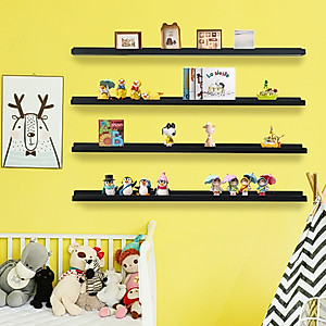 PHOENANCEE Long Floating Shelves for Wall 57 Inch,Real Wood Picture Ledge with Lip Set of 4,Photo Frame Storage Display for Living Room Nursery Bedroom Bathroom Kitchen Home Office Decor Rustic Black