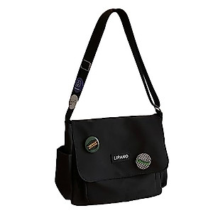 Messenger Crossbody Bag for Women - Nylon Vintage Aesthetic Cute Canvas Tote (Black)