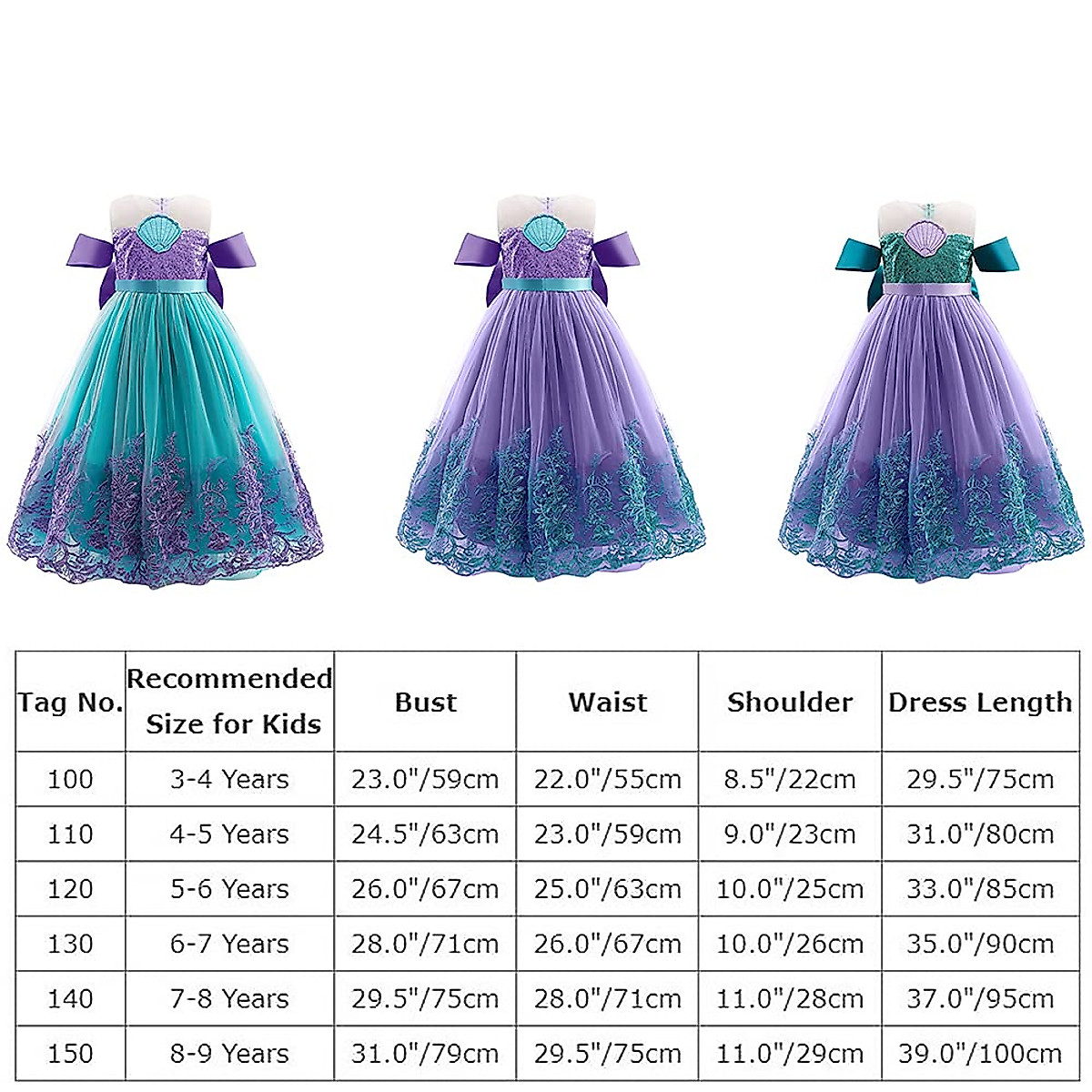 Princess Ariel Costume Little Girls Mermaid Dress Up with Tiara and Wand for Kids Party Purple02 6-7 Years