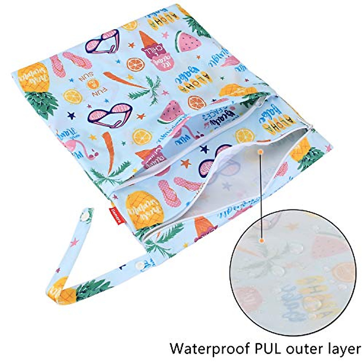 Damero 2Pcs Wet Dry Bag with 2 Zippered Pockets and Snap Handle for Cloth Diaper, Swimsuit, Clothes, Ideal for Travel, Exercise, Daycare, Roomy and Water-Resistant (Small+Large,Summer Style)