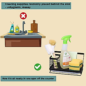 Homeve Kitchen Sink Caddy Organizer, Dishcloth Holder, Removable Drain Pan, Sponge, Brush Holder Rack, Bathroom Storage Organization on The countertop Stainless Steel Rustproo, Black-1 Pack