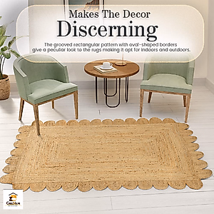 GRUHUM Scalloped Jute Area Rugs 3'x5' ft Natural Fibre Handwoven Boho Reversible Farmhouse Soft Braided Rug Indoor EcoFriendly Livingroom Bedroom Kitchen Hallways Enterways Rectangular Rug