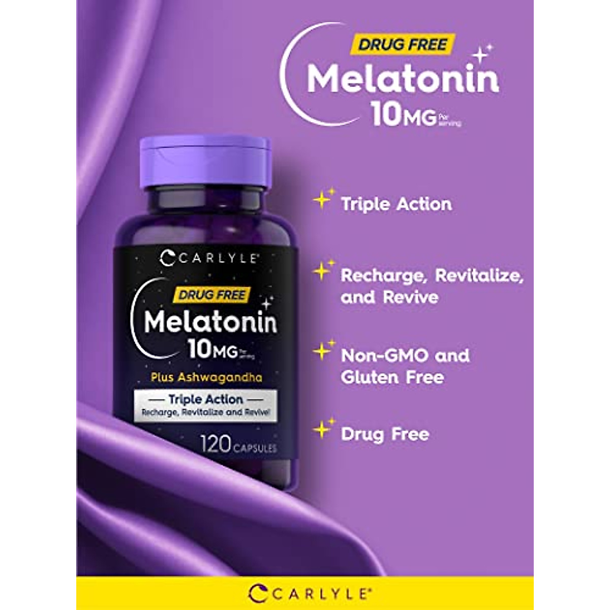 Melatonin 10mg | 120 Capsules | with Ashwagandha | Triple Strength Formula | Non-GMO, Gluten Free Supplement | by Carlyle