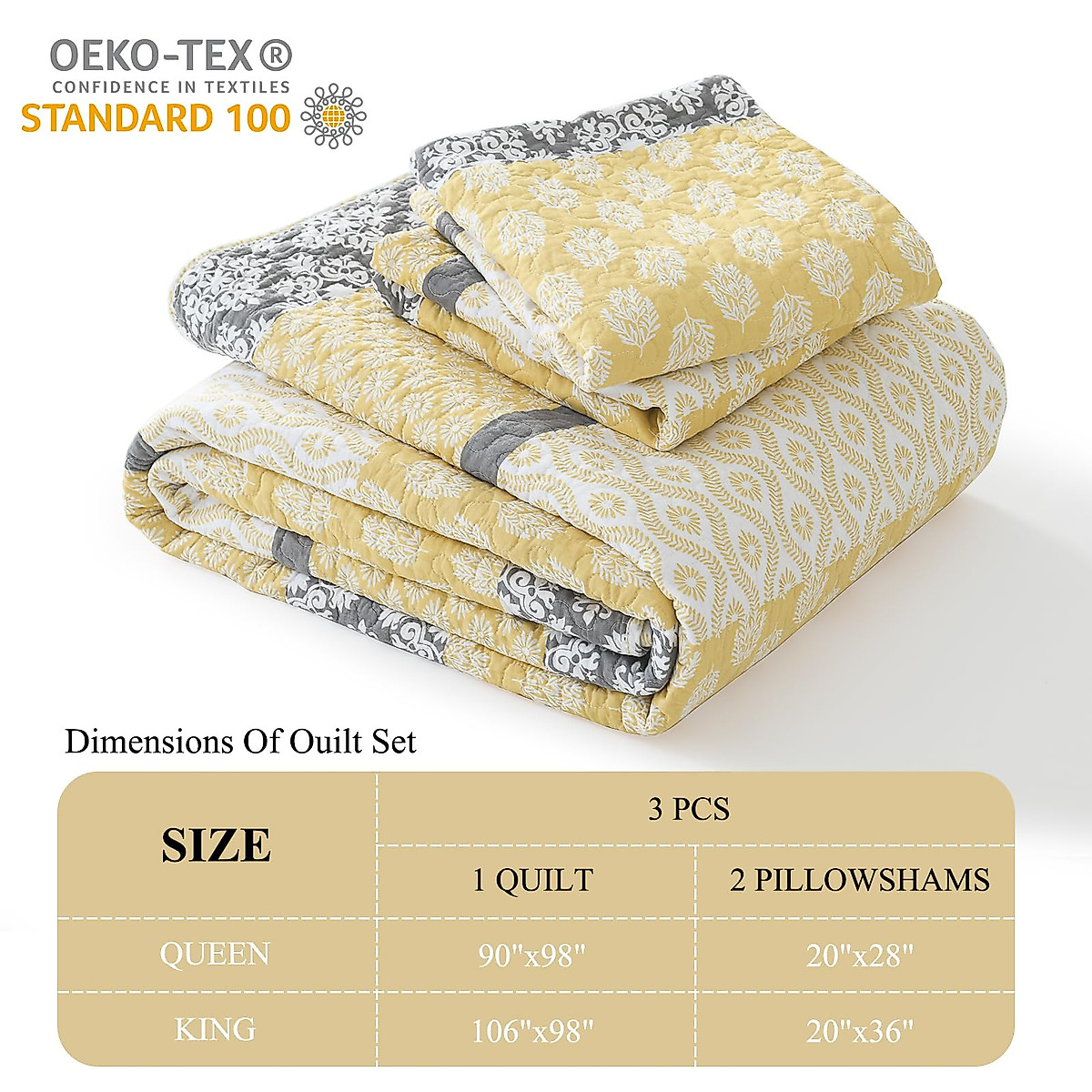DDUOXIN Floral Quilts King Size - 100% Cotton Reversible King Quilt with 2 Pillow Shams, Farmhouse Soft Bedspreads Lightweight King Quilt Bedding Set, Yellow/Grey, King