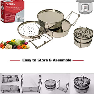 Dubbas - Premium Quality 3 Tier Stainless Steel Stacking Insert Pans/Steamer Compatible with 6 Quart Instant Pot Cooker PIP w/Lids/Plates & Trivet/Sling to Cook, Serve, Store & Reheat