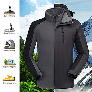 CAMEL CROWN Men’s Ski Jacket 3 in 1 Waterproof Winter Jacket Snow Jacket Windproof Hooded with Inner Warm Fleece Coat Dark Grey