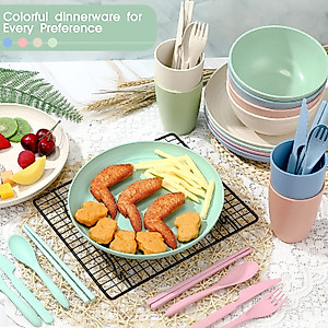 64 Pcs Wheat Straw Dinnerware Sets Unbreakable Dinnerware Set Plastic Dishes Set Reusable Lightweight RV Camping Bowls Dishes Plates Cups Set Microwave Safe Dinnerware for Kitchen Indoor