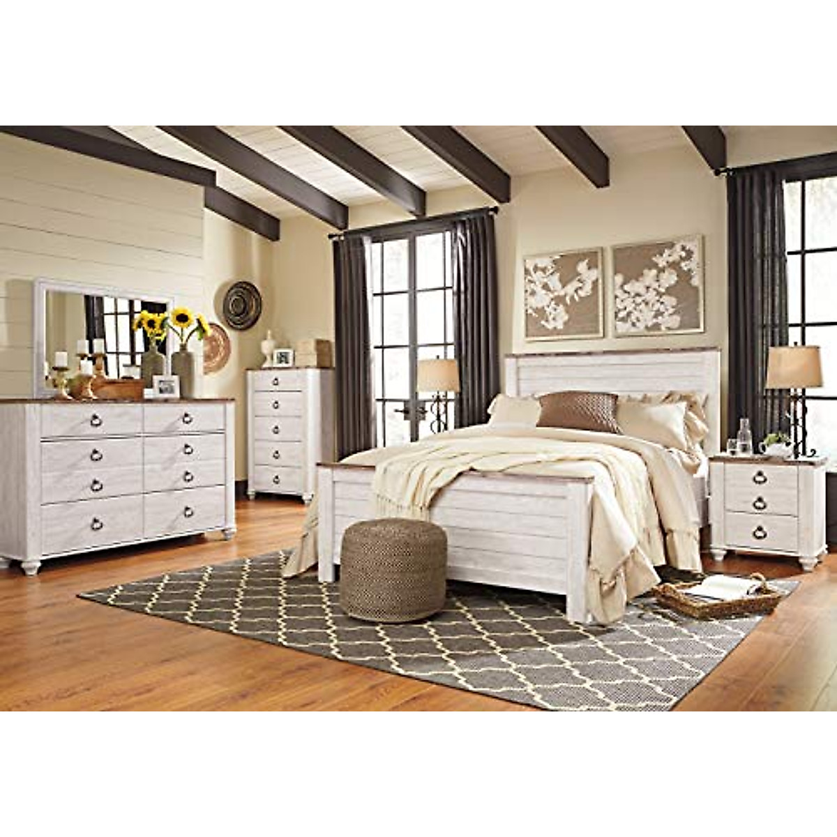 Signature Design by Ashley Willowton Farmhouse 2 Drawer Nightstand with USB Charging Ports, Whitewash