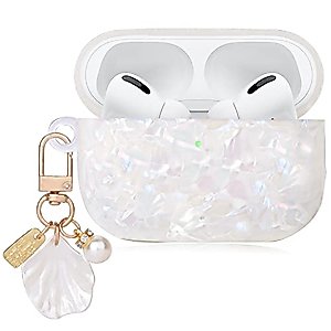 Cute AirPod Pro 2 Case with Shell Pearl Keychain Bling Marble Design Hard TPU Cover Compatible with AirPods Pro 2nd Generation 2022 Case for Women and Girls