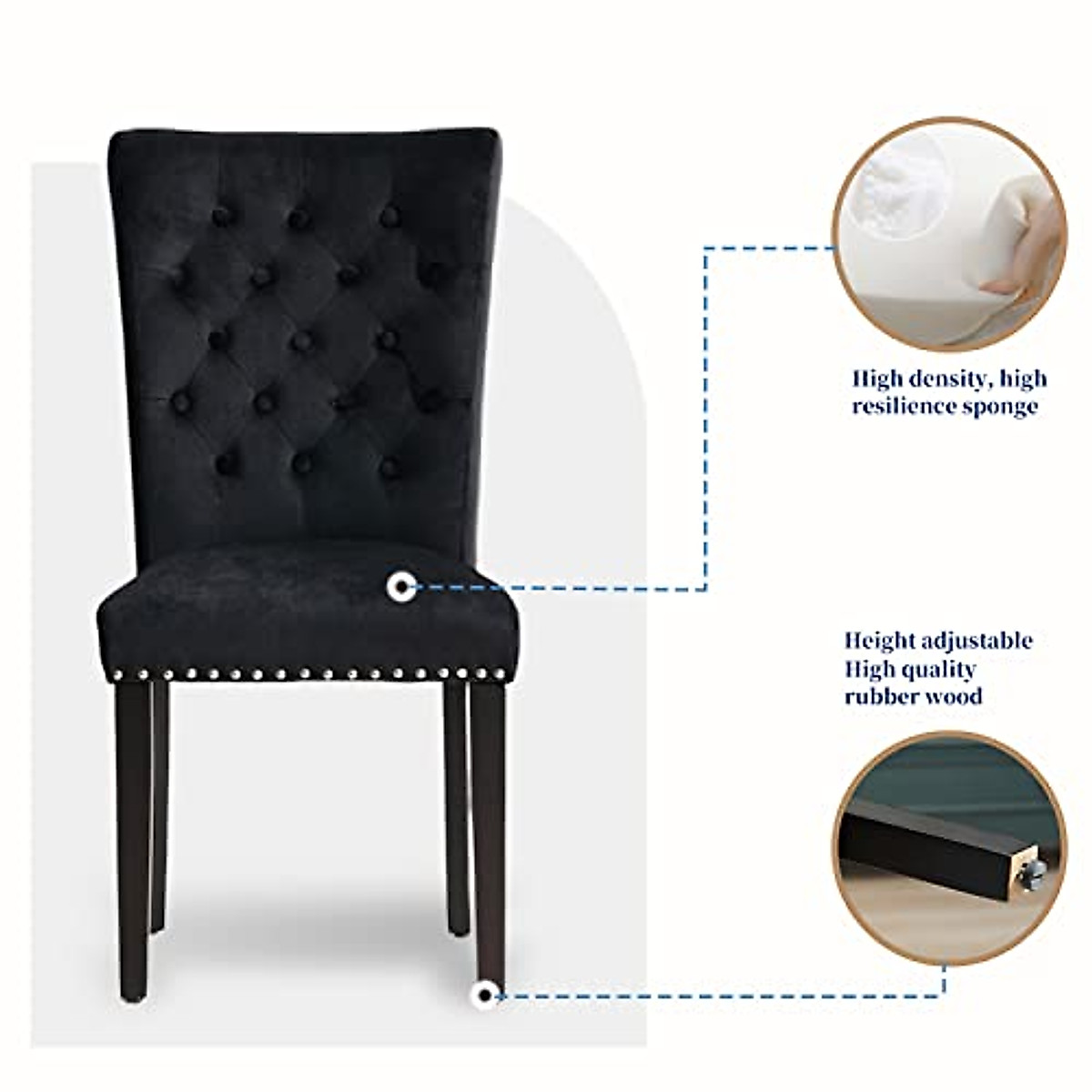 Restworld Velvet Fabric Dining Chair Set of 2 with Button & Nailhead Decoration, Tufted Upholstered Chair for Bedroom & Dining Room, Modern Luxury Style Solid Wood Legs (Black)