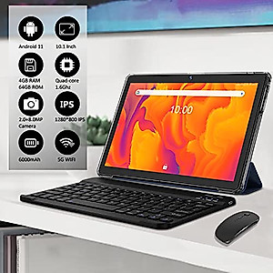 2024 Newest 10.1 Inch Android Tablet With Keyboard - 5G WIFI Tablets Ultra-Portable- RAM 4GB | ROM 64GB 128GB Expandable -6000mAh | Dual Camera | Bluetooth 5.0| 1080FHD | GPS | Mouse/Stylus-Black