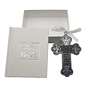 BABY'S Gift Set - First Little Bible & CRIB CROSS - BOY or Girl - Gender Neutral - Bless This Child - BAPTISM Christening BOXED WHITE Ribbon